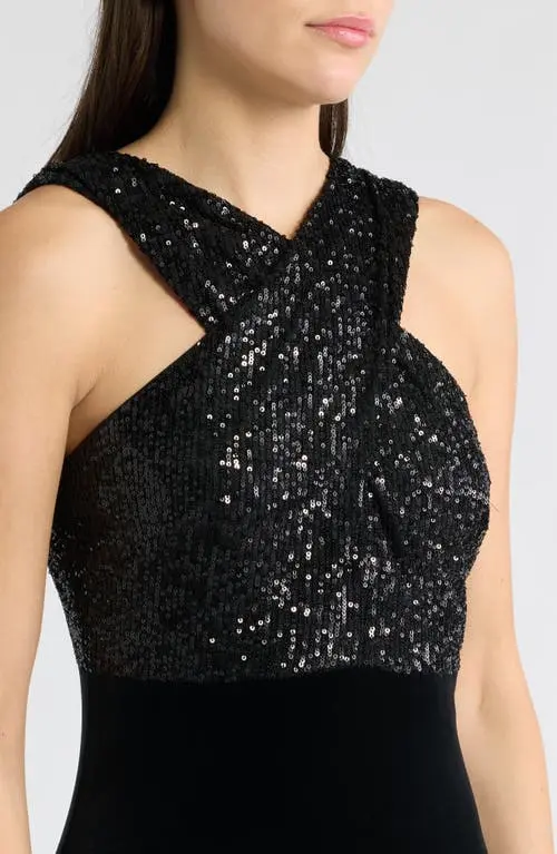 Eliza J Sequin Cross Neck Mixed Media Gown