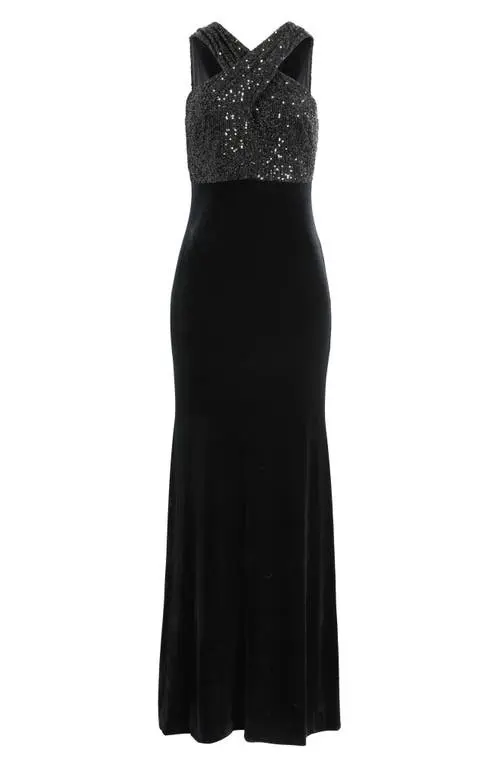 Eliza J Sequin Cross Neck Mixed Media Gown