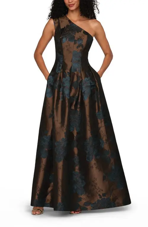 KAY UNGER Brynlee Metallic Floral Jacquard One-shoulder Gown