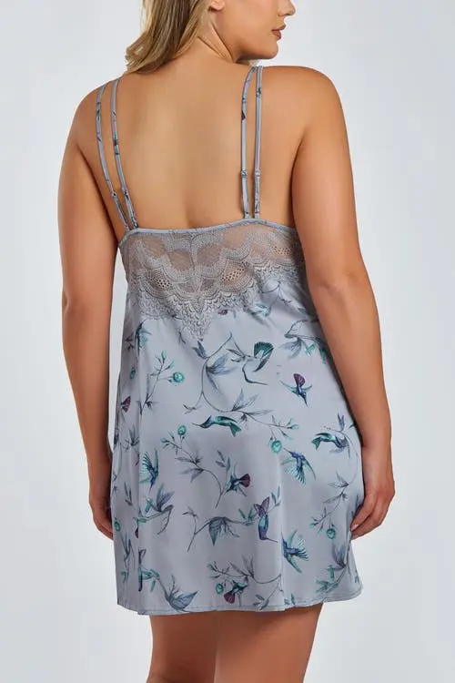 ICOLLECTION Elegant Hummingbird Print Satin Chemise With Lace Accent