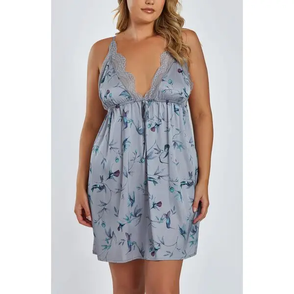 ICOLLECTION Hummingbird Print Satin Chemise With Laced Trimmed Plunge Neckline - Gray