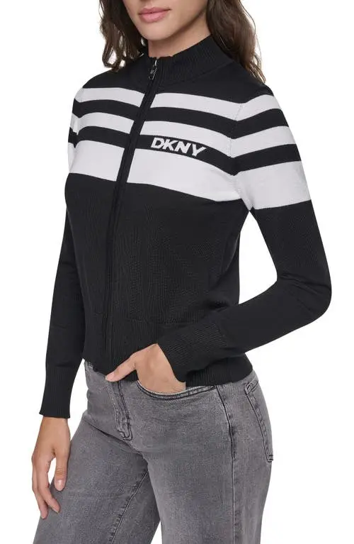 Dkny Placed Stripe Cotton Blend Zip Cardigan - Blk/ivy