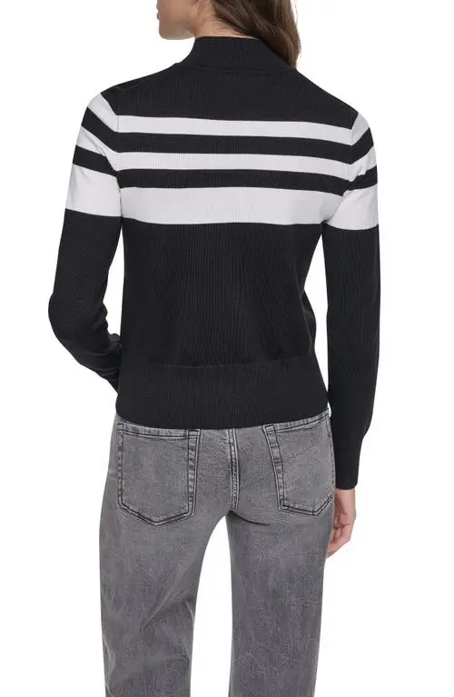 Dkny Placed Stripe Cotton Blend Zip Cardigan - Blk/ivy
