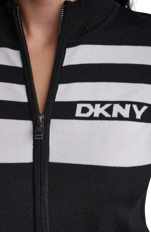 Dkny Placed Stripe Cotton Blend Zip Cardigan - Blk/ivy