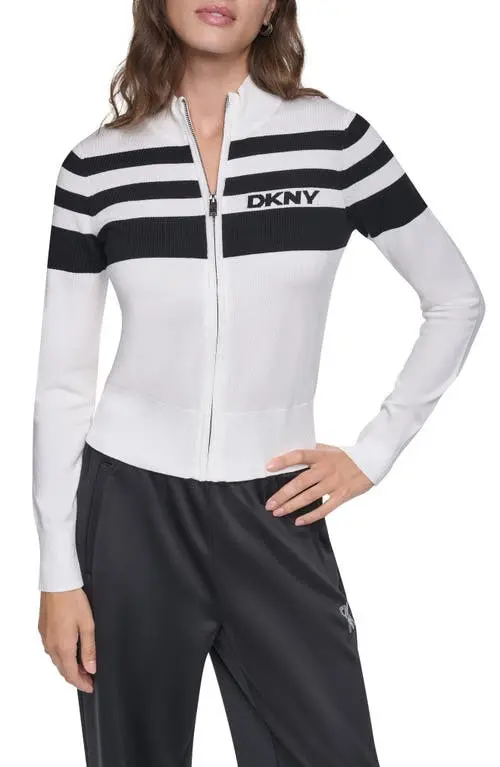Dkny Placed Stripe Cotton Blend Zip Cardigan - Ivory/blac