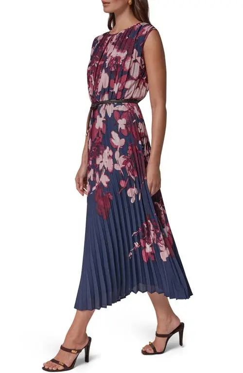 Donna Karan New York Placed Floral Pleated Chiffon Midi Dress