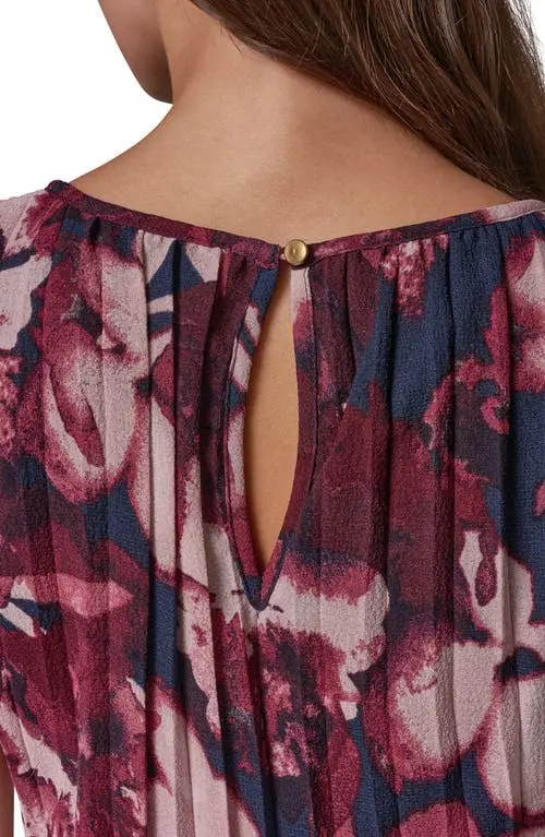 Donna Karan New York Placed Floral Pleated Chiffon Midi Dress