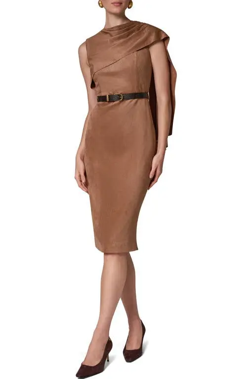 Donna Karan New York Shoulder Drape Faux Suede Sheath Midi Dress - Camel