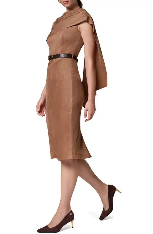 Donna Karan New York Shoulder Drape Faux Suede Sheath Midi Dress