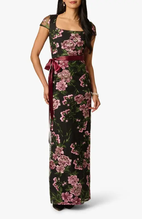 Adrianna Papell Embroidered Floral Column Gown With Ribbon Tie Belt - Black Multi