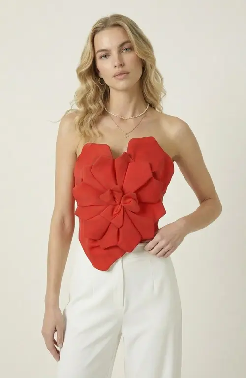 MODENAIRE Strapless Sculptural Floral Applique Top