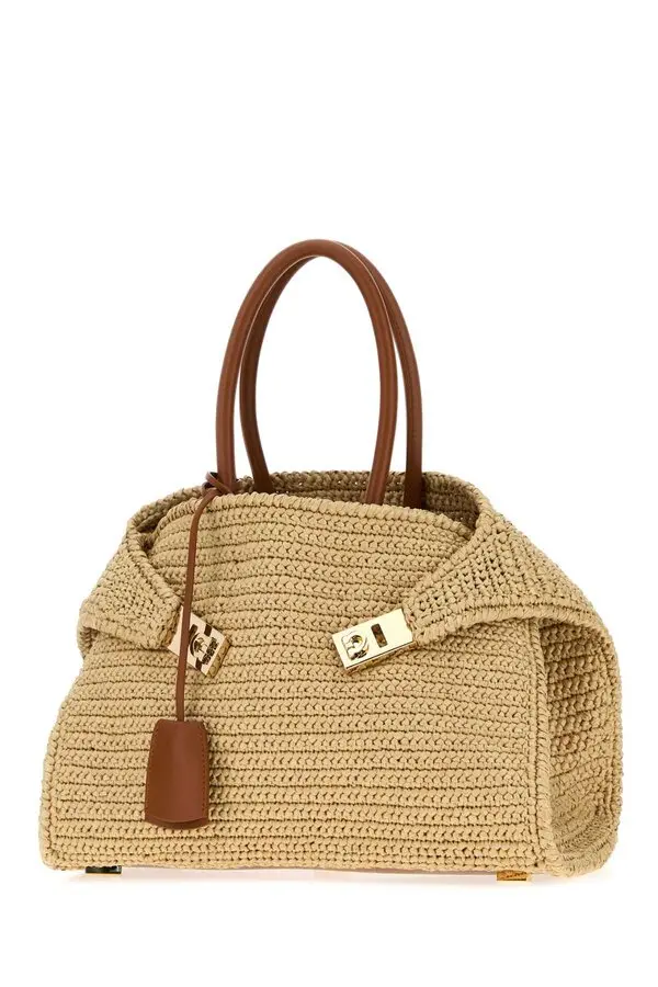 FERRAGAMO Raffia Small Hug Handbag - Brown