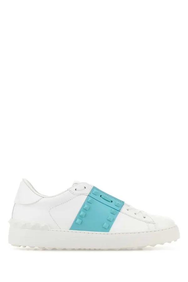 Valentino Garavani Leather Rockstud Untitled Sneakers With Light Blue Band - White
