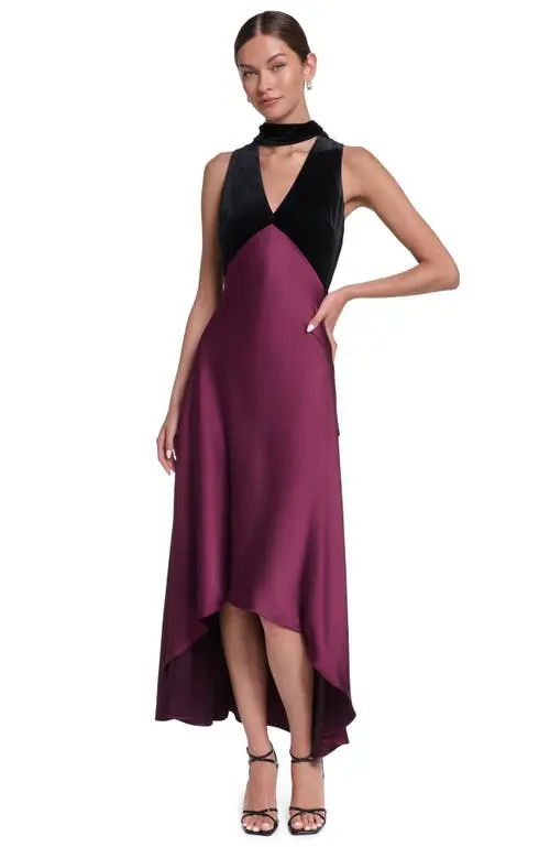 Halston Sleeveless Velvet And Satin V-neck Scarf Dress - Cabernet/black