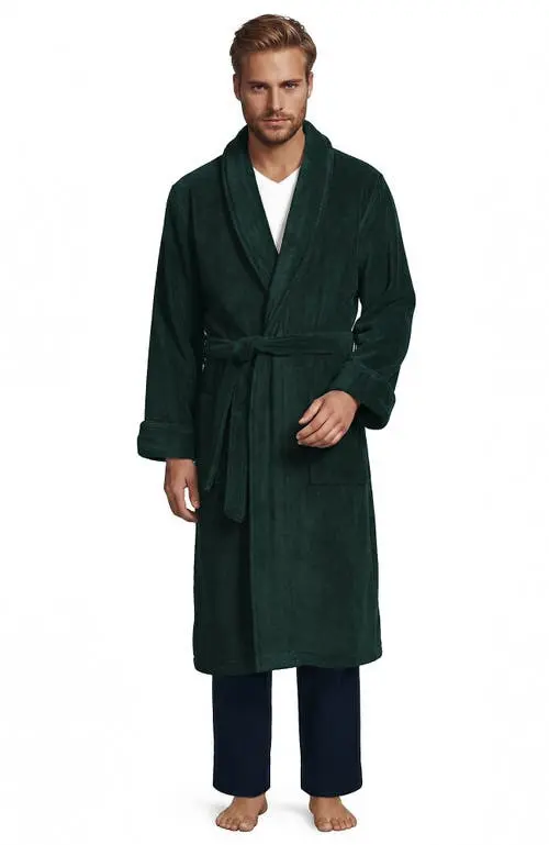 LANDS' END Calf Length Turkish Terry Robe - Dark Pine Green