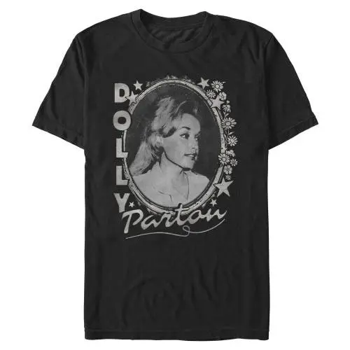 DOLLY PARTON Distressed Stars Portrait Short Sleeve T-shirt - Black