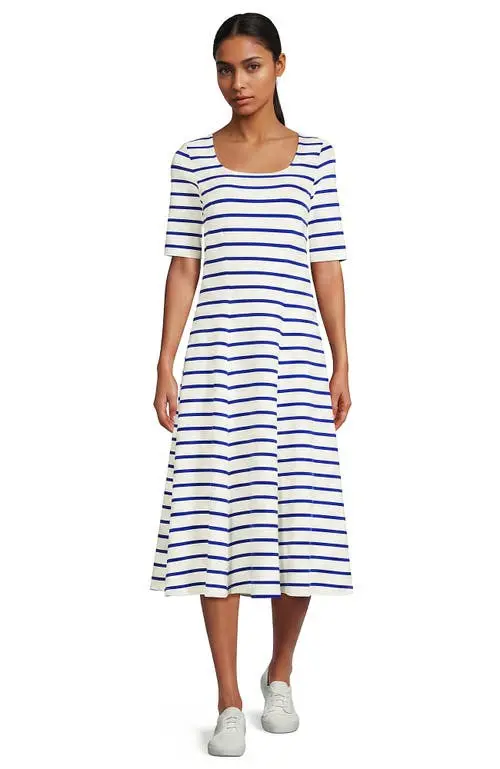 LANDS' END Starfish Elbow Sleeve Midi Fit And Flare Dress - Ivory/lapis Spaced Stripe