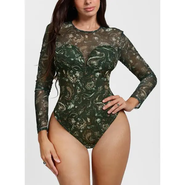 POPILUSH All-in-one Paisley Mesh Long Sleeve Built-in Shapewear Bodysuit - Moss