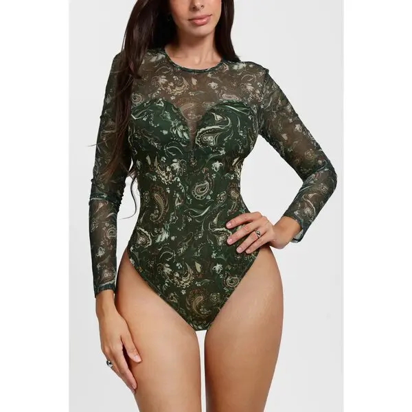 POPILUSH All-in-one Paisley Mesh Long Sleeve Built-in Shapewear Bodysuit - Moss