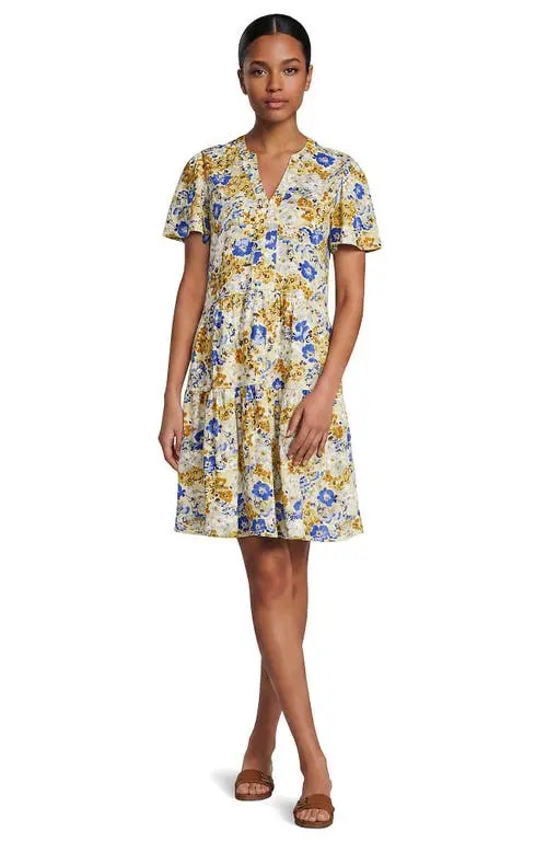 LANDS' END Cotton Jersey Tiered Mini Dress - Soft Citrus/blue Flower Patch