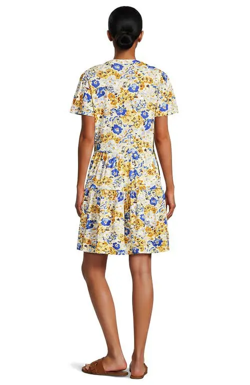 LANDS' END Cotton Jersey Tiered Mini Dress - Soft Citrus/blue Flower Patch