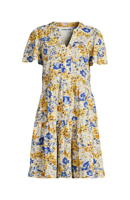 LANDS' END Cotton Jersey Tiered Mini Dress - Soft Citrus/blue Flower Patch