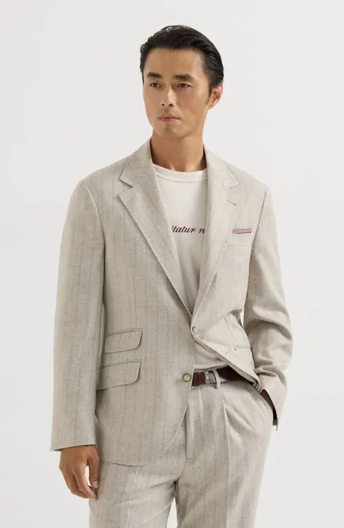 Brunello Cucinelli Striped Cashmere And Silk Diagonal Flannel Deconstructed Cavallo Blazer With Metal Buttons - Grey