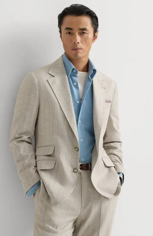 Brunello Cucinelli Striped Cashmere And Silk Diagonal Flannel Deconstructed Cavallo Blazer With Metal Buttons - Grey