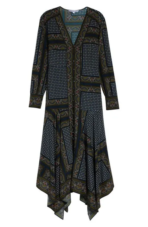 Veronica Beard Skye Tile Print Long Sleeve Handkerchief Hem Silk Blend Shirtdress