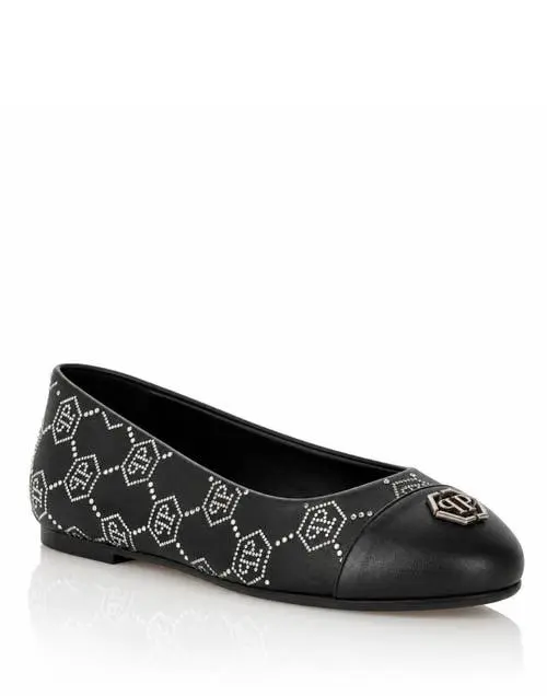 Philipp Plein Nappa Leather Ballerina Flats Monogram Strass - Black
