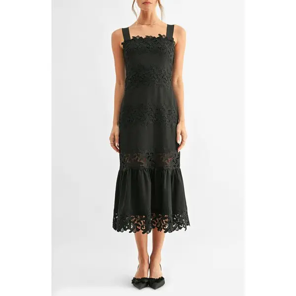 Adelyn Rae Davina Embroidered Lace Detail Midi Dress - Black