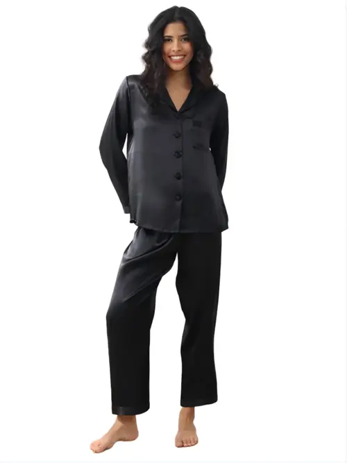SILKSILKY Pure Silk Long Sleeve Pajamas - Black
