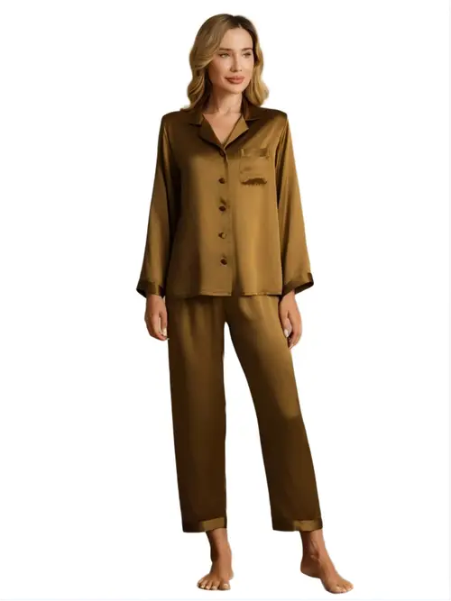 SILKSILKY Pure Silk Long Sleeve Pajamas - Brown