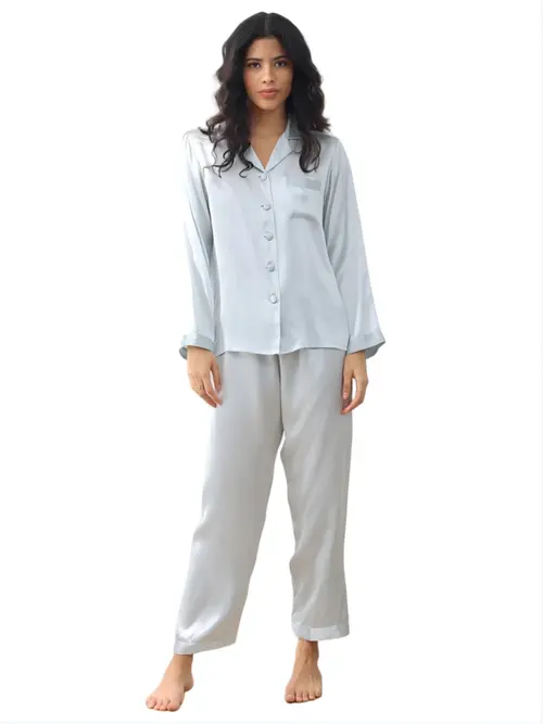 SILKSILKY Pure Silk Long Sleeve Pajamas - Light Blue