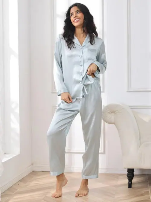 SILKSILKY Pure Silk Long Sleeve Pajamas - Light Blue