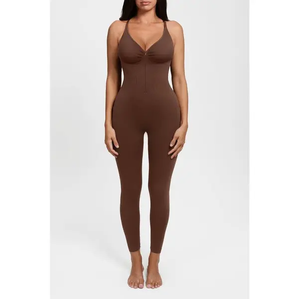 POPILUSH Shapewear Zip Front Deep V Adjustable Strap Jumpsuit - Chocolate