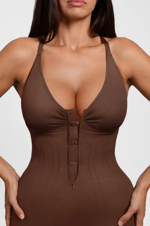 POPILUSH Shapewear Zip Front Deep V Adjustable Strap Jumpsuit - Chocolate
