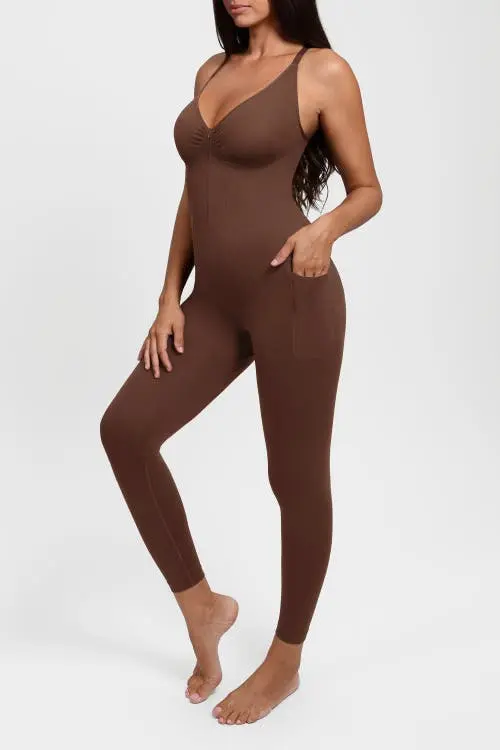 POPILUSH Shapewear Zip Front Deep V Adjustable Strap Jumpsuit - Chocolate