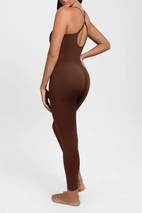 POPILUSH Shapewear Zip Front Deep V Adjustable Strap Jumpsuit - Chocolate