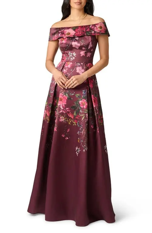 Adrianna Papell Off Shoulder Garden Floral Mikado Ballgown - Burgundy Multi