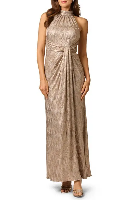Adrianna Papell Crinkle Metallic Draped Stretch Halter Gown