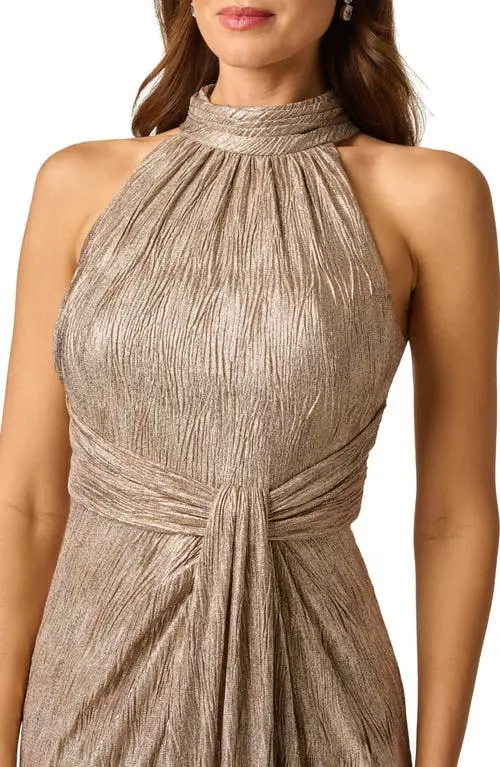 Adrianna Papell Crinkle Metallic Draped Stretch Halter Gown