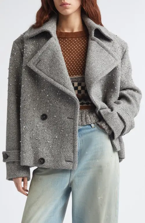 GOLDEN GOOSE Crystal Embellished Wool Short Trench Coat - Melange Grey