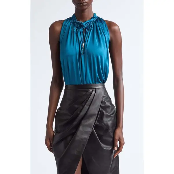 Balmain Pleated Viscose Jersey Halter Top - A49 Deep Blue