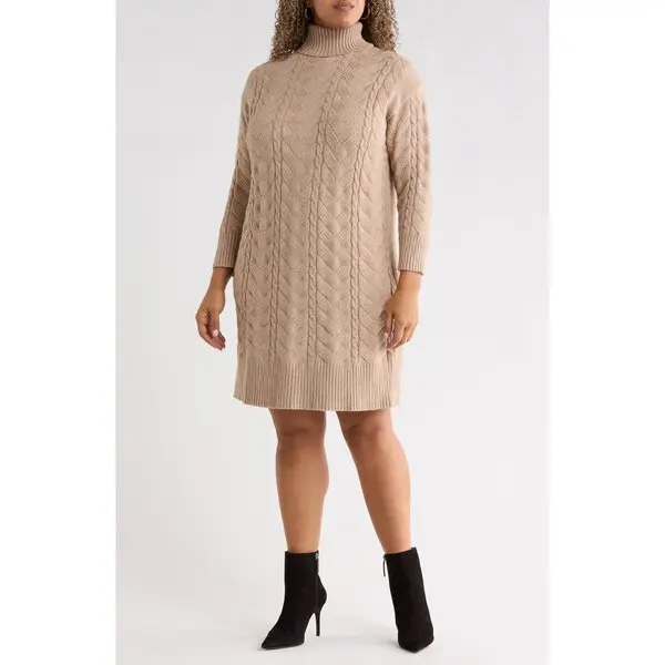 SUGARLIPS Cable Knit Turtleneck Sweater Dress - Taupe