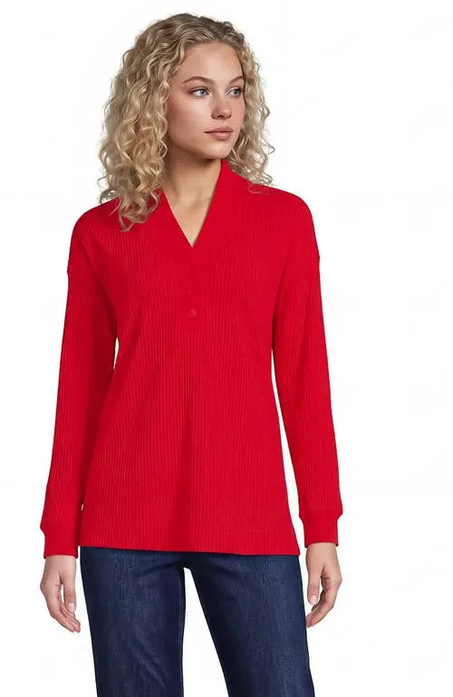 LANDS' END Long Sleeve Waffle Shawl Collar Henley - Compass Red