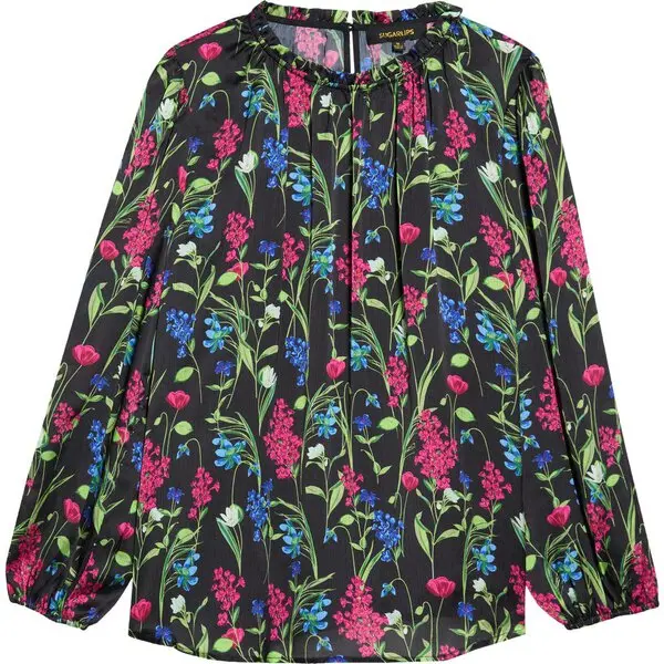 SUGARLIPS Floral Smocked Neck Long Sleeve Top - Black-multi
