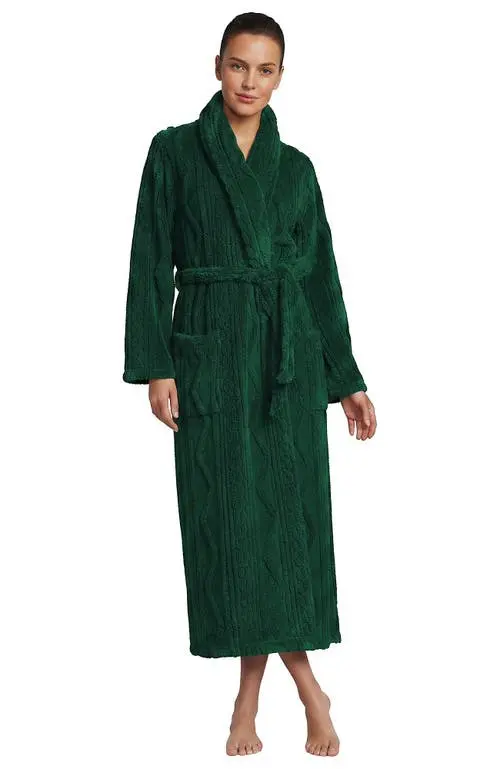 LANDS' END Cozy Plush Long Wrap Robe - Pine