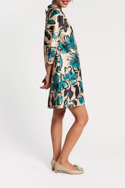 FRANCES VALENTINE Diplomat Mini Dress Abstract Meadow - Teal/camel