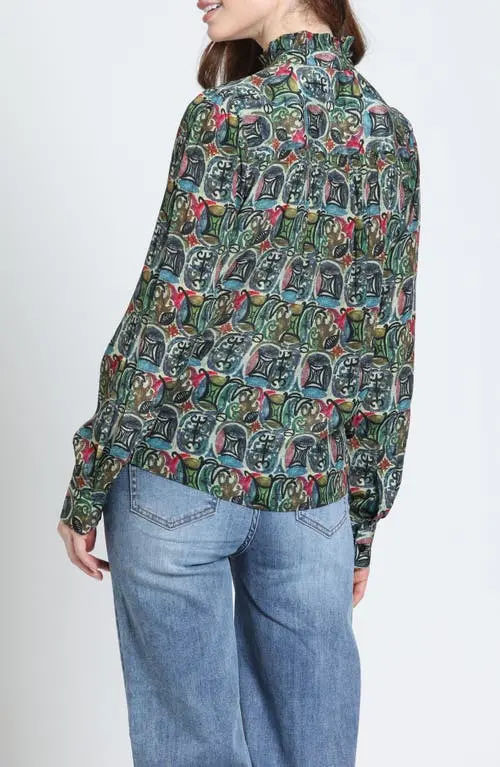 APNY Ruffled Half Placket Top - Moss/garnet Multi